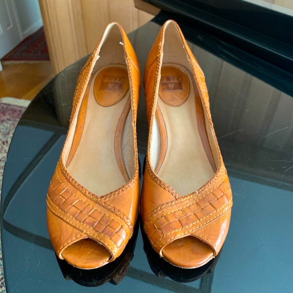 Frye | Shoes | Frye Maya Woven Leather Peep Toe Wedge Heels 7m | Poshmark